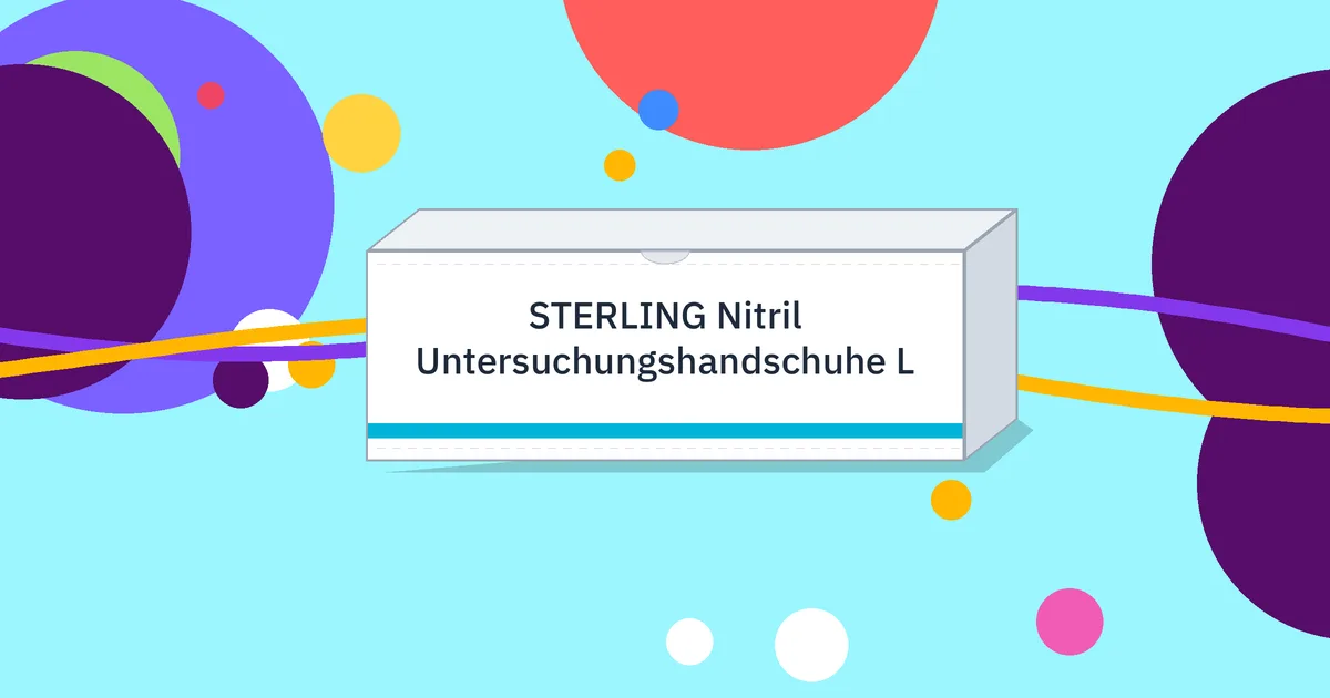Symbolbild: Packung mit der Aufschrift STERLING Nitril Untersuchungshandschuhe L (PZN 09230629) – Verfügbarkeit und Bezug in Apotheken in Frankfurt am Main