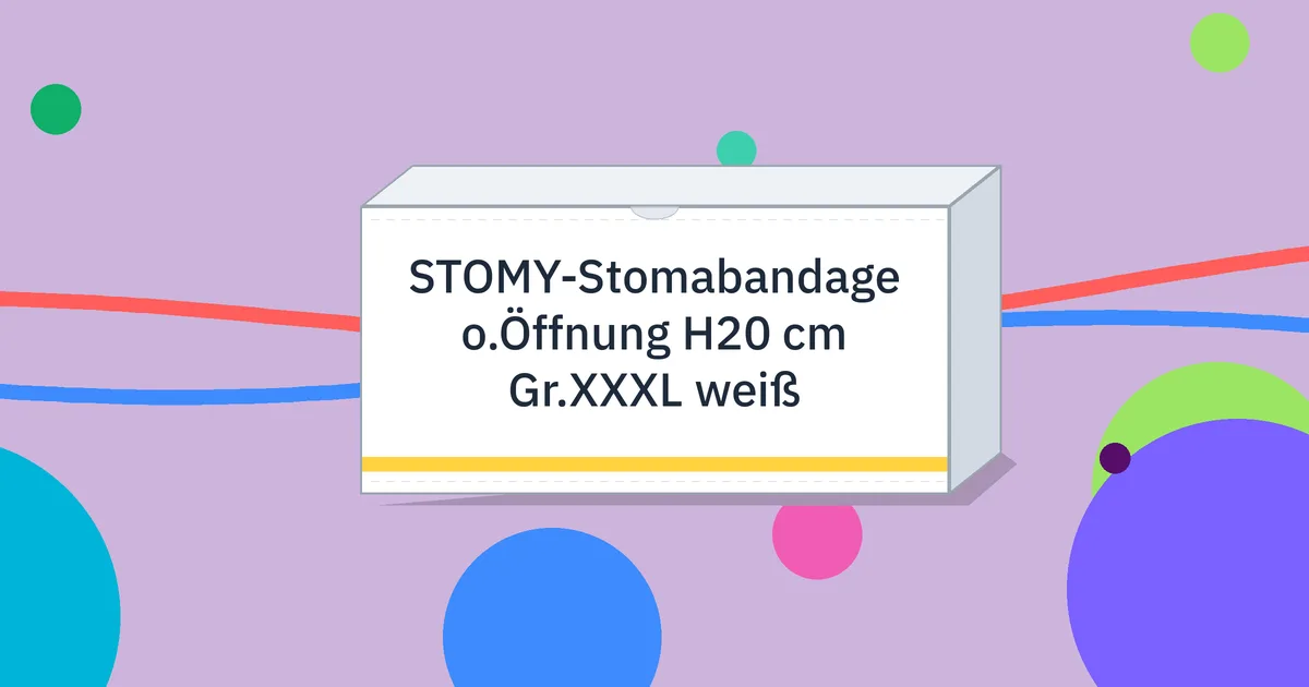 Symbolbild: Packung mit der Aufschrift STOMY-Stomabandage o.Öffnung H20 cm Gr.XXXL weiß (PZN 16751435) – Verfügbarkeit und Bezug in Apotheken in Frankfurt am Main