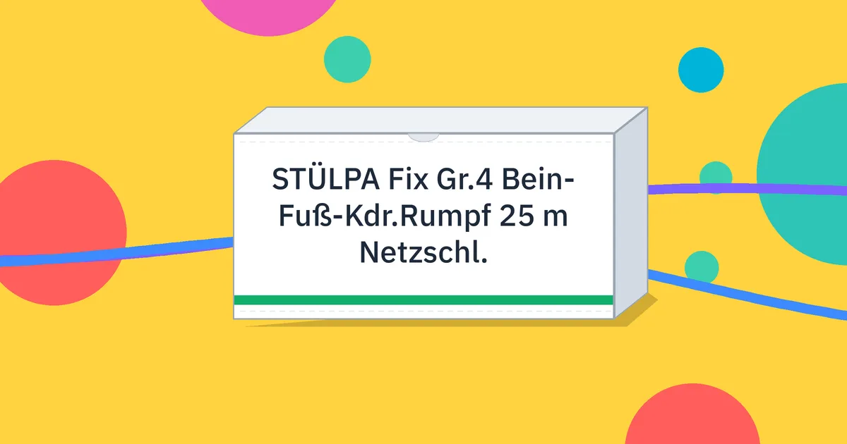 Symbolbild: Packung mit der Aufschrift STÜLPA Fix Gr.4 Bein-Fuß-Kdr.Rumpf 25 m Netzschl. (PZN 18768167) – Verfügbarkeit und Bezug in Apotheken in Frankfurt am Main
