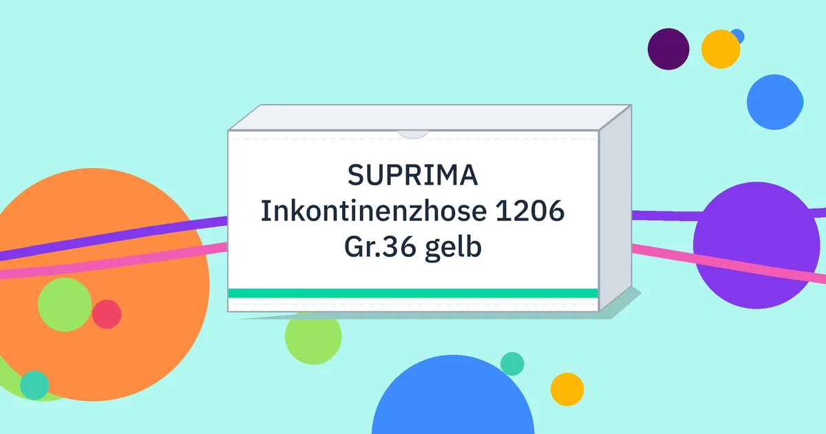 Symbolbild: Packung mit der Aufschrift SUPRIMA Inkontinenzhose 1206 Gr.36 gelb (PZN 01514801) – Verfügbarkeit und Bezug in Apotheken in Frankfurt am Main