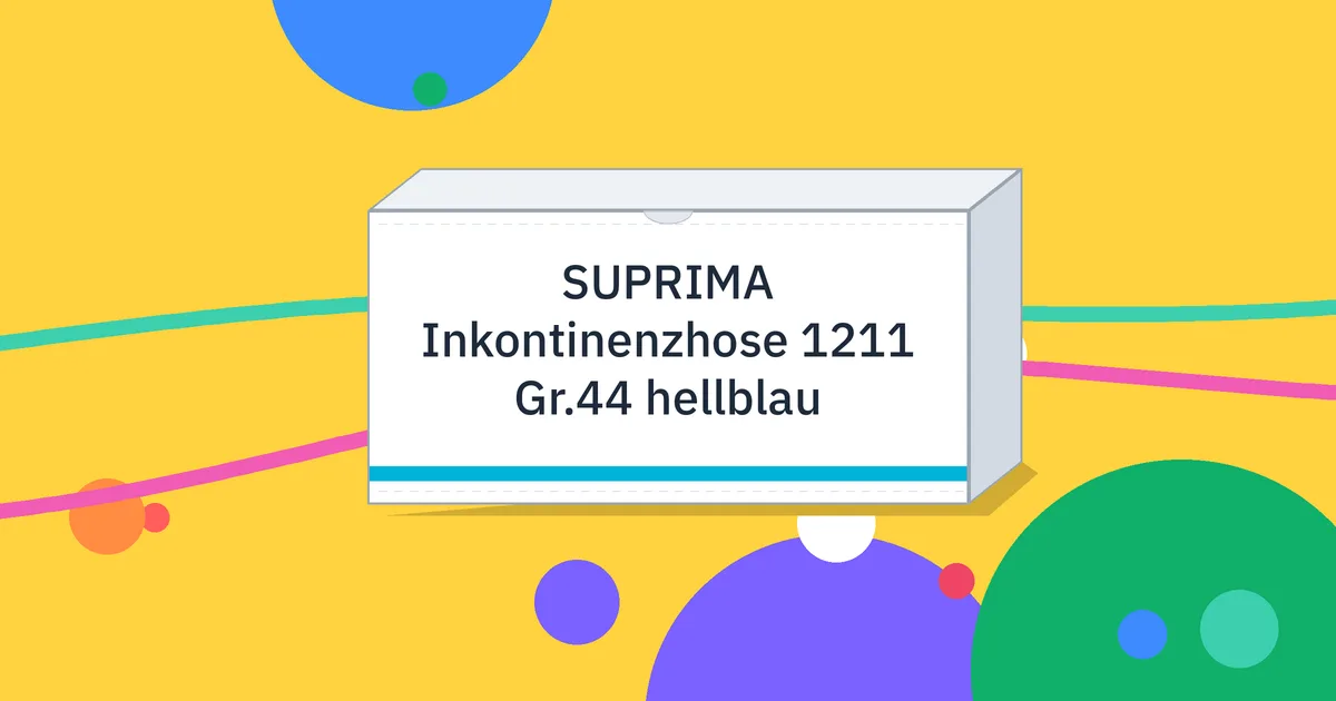 Symbolbild: Packung mit der Aufschrift SUPRIMA Inkontinenzhose 1211 Gr.44 hellblau (PZN 03024099) – Verfügbarkeit und Bezug in Apotheken in Frankfurt am Main