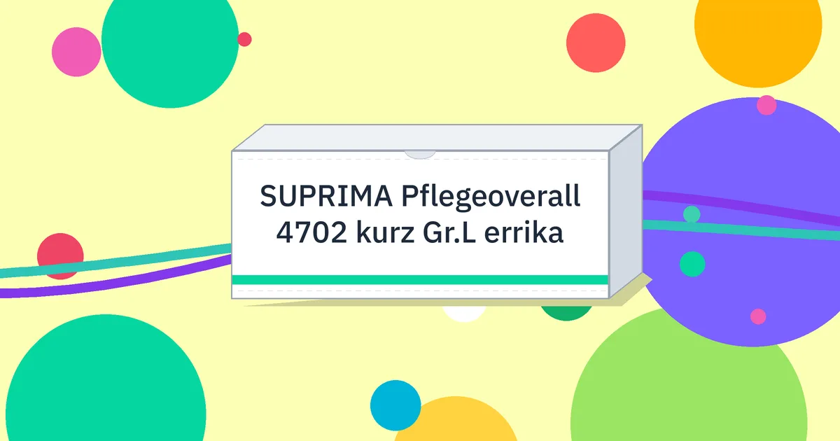 Symbolbild: Packung mit der Aufschrift SUPRIMA Pflegeoverall 4702 kurz Gr.L errika (PZN 09376818) – Verfügbarkeit und Bezug in Apotheken in Frankfurt am Main