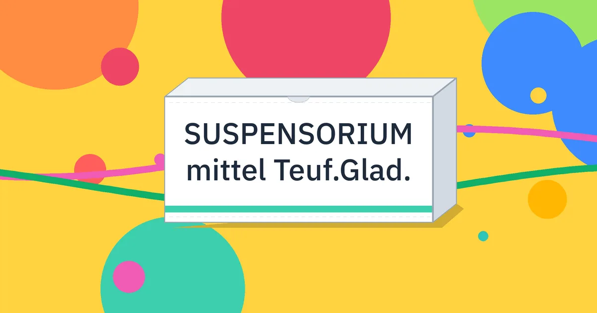 Symbolbild: Packung mit der Aufschrift SUSPENSORIUM mittel Teuf.Glad. (PZN 02009525) – Verfügbarkeit und Bezug in Apotheken in Frankfurt am Main