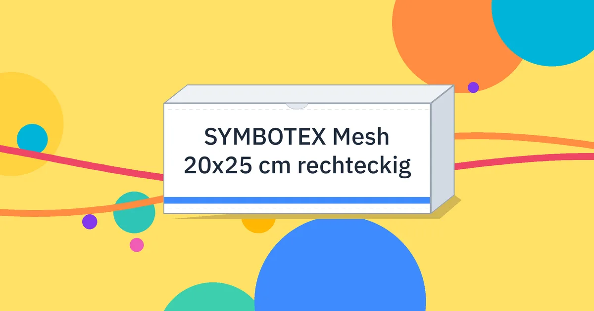 Symbolbild: Packung mit der Aufschrift SYMBOTEX Mesh 20x25 cm rechteckig (PZN 10631204) – Verfügbarkeit und Bezug in Apotheken in Frankfurt am Main