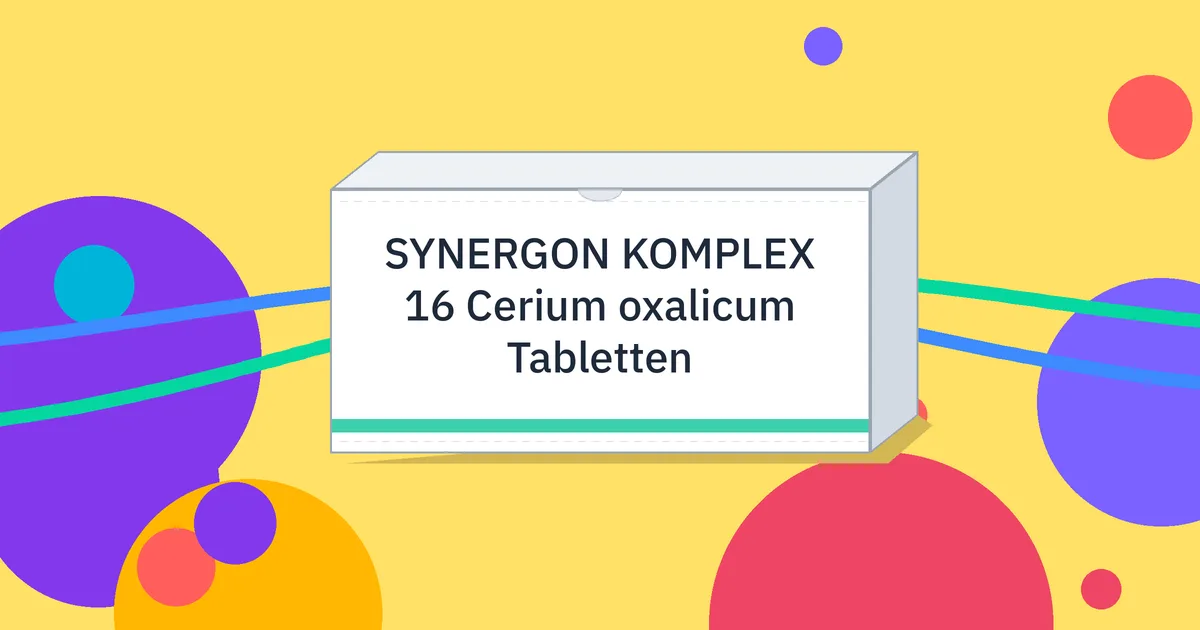 Symbolbild: Packung mit der Aufschrift SYNERGON KOMPLEX 16 Cerium oxalicum Tabletten (PZN 04905790) – Verfügbarkeit und Bezug in Apotheken in Frankfurt am Main