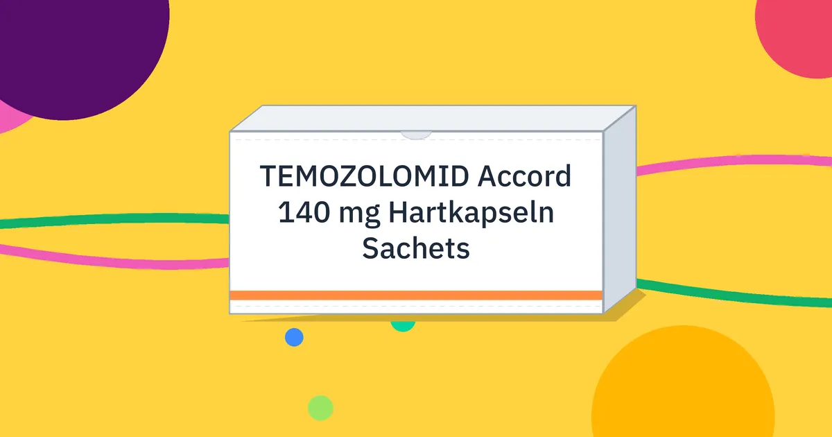 Symbolbild: Packung mit der Aufschrift TEMOZOLOMID Accord 140 mg Hartkapseln Sachets (PZN 19422063) – Verfügbarkeit und Bezug in Apotheken in Frankfurt am Main