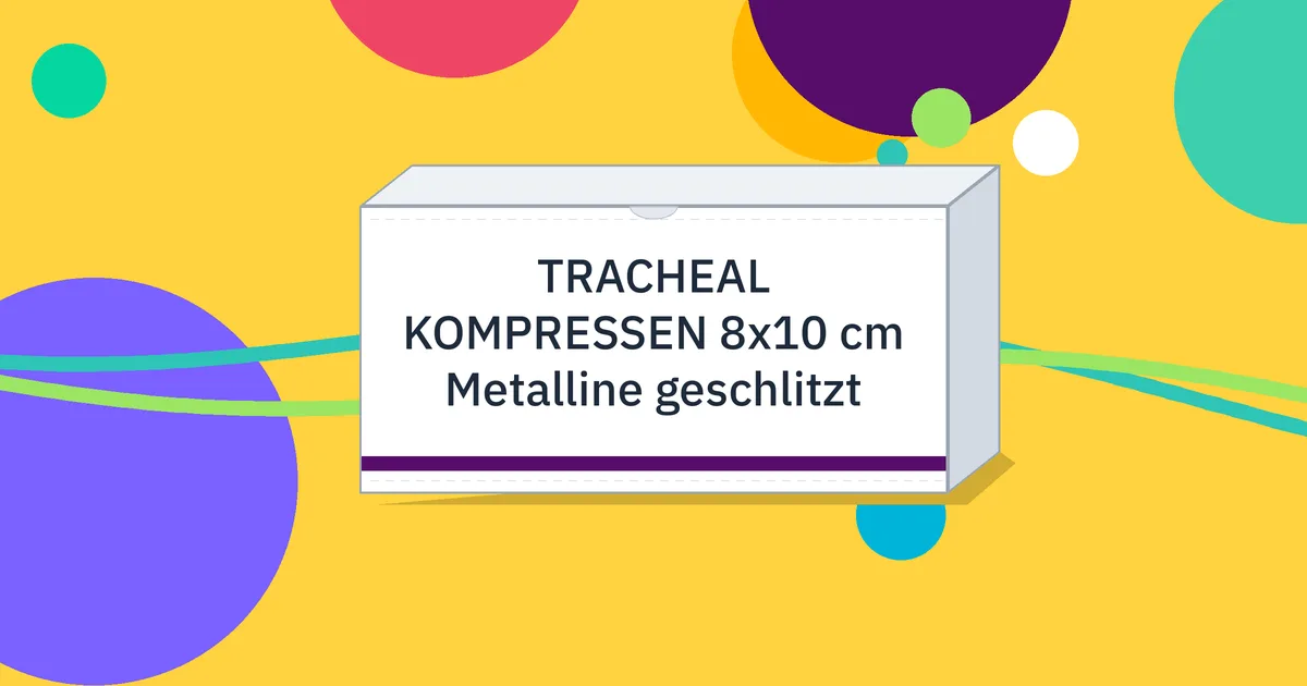 Symbolbild: Packung mit der Aufschrift TRACHEAL KOMPRESSEN 8x10 cm Metalline geschlitzt (PZN 01879804) – Verfügbarkeit und Bezug in Apotheken in Frankfurt am Main