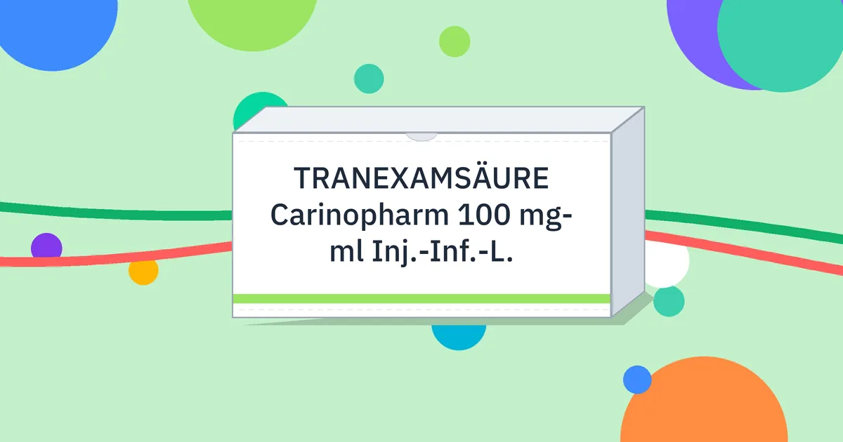 Symbolbild: Packung mit der Aufschrift TRANEXAMSÄURE Carinopharm 100 mg-ml Inj.-Inf.-L. (PZN 16533804) – Verfügbarkeit und Bezug in Apotheken in Frankfurt am Main