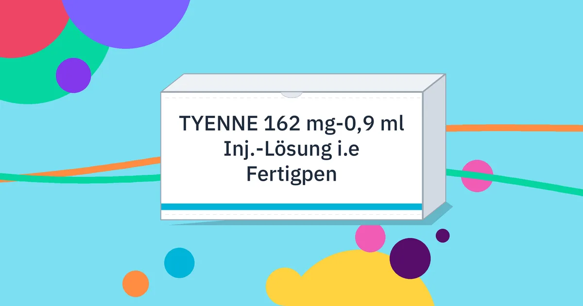 Symbolbild: Packung mit der Aufschrift TYENNE 162 mg-0,9 ml Inj.-Lösung i.e Fertigpen (PZN 20293122) – Verfügbarkeit und Bezug in Apotheken in Frankfurt am Main