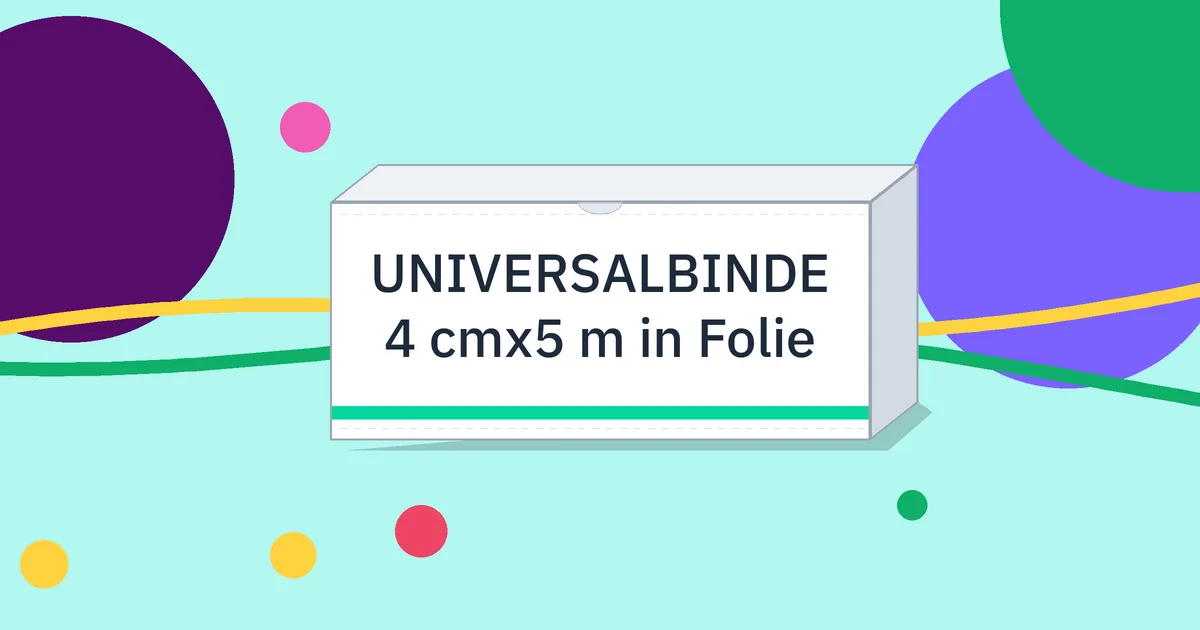 Symbolbild: Packung mit der Aufschrift UNIVERSALBINDE 4 cmx5 m in Folie (PZN 02426766) – Verfügbarkeit und Bezug in Apotheken in Frankfurt am Main