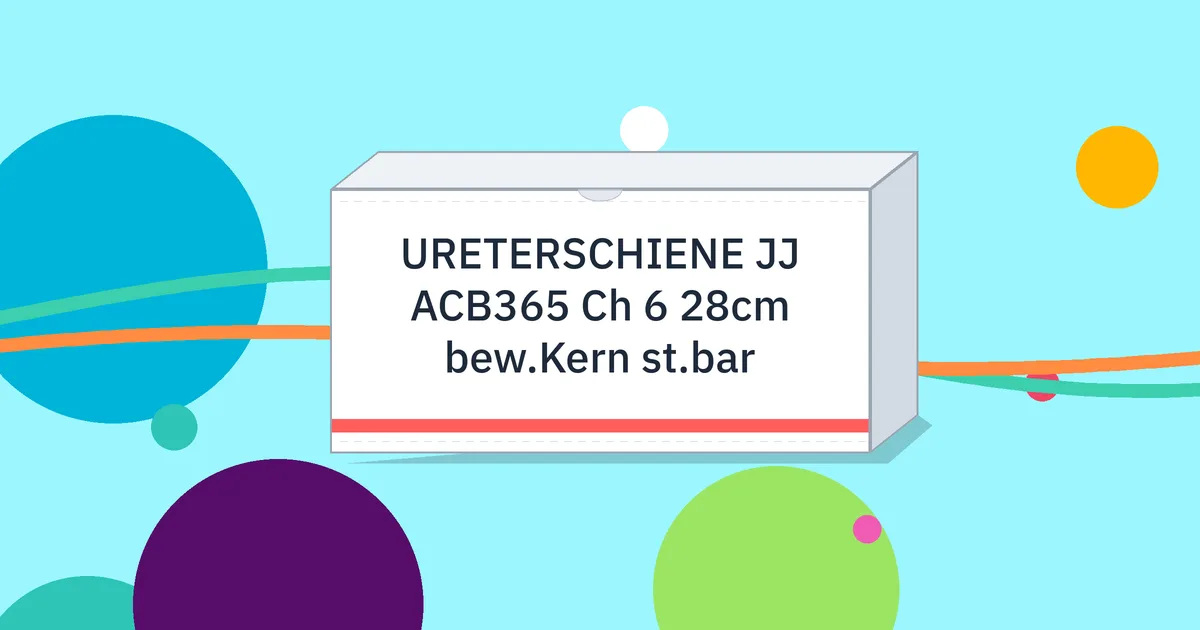 Symbolbild: Packung mit der Aufschrift URETERSCHIENE JJ ACB365 Ch 6 28cm bew.Kern st.bar (PZN 00752390) – Verfügbarkeit und Bezug in Apotheken in Frankfurt am Main