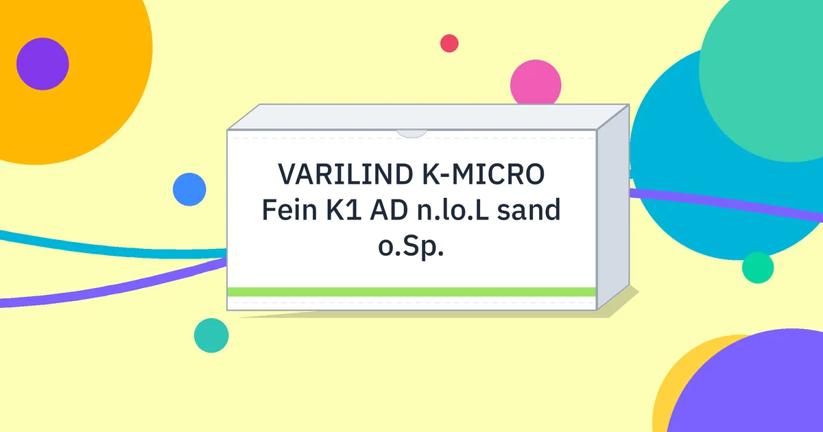 Symbolbild: Packung mit der Aufschrift VARILIND K-MICRO Fein K1 AD n.lo.L sand o.Sp. (PZN 20557213) – Verfügbarkeit und Bezug in Apotheken in Frankfurt am Main