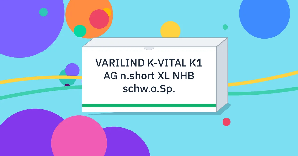 Symbolbild: Packung mit der Aufschrift VARILIND K-VITAL K1 AG n.short XL NHB schw.o.Sp. (PZN 20563633) – Verfügbarkeit und Bezug in Apotheken in Frankfurt am Main