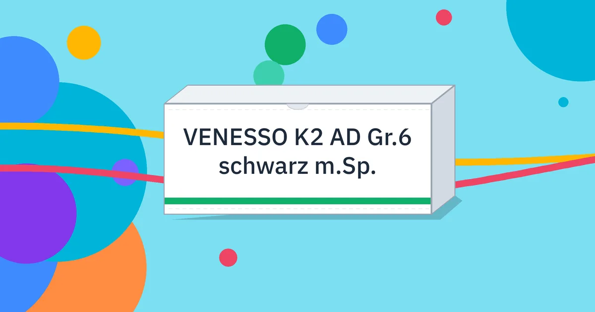 Symbolbild: Packung mit der Aufschrift VENESSO K2 AD Gr.6 schwarz m.Sp. (PZN 03258785) – Verfügbarkeit und Bezug in Apotheken in Frankfurt am Main