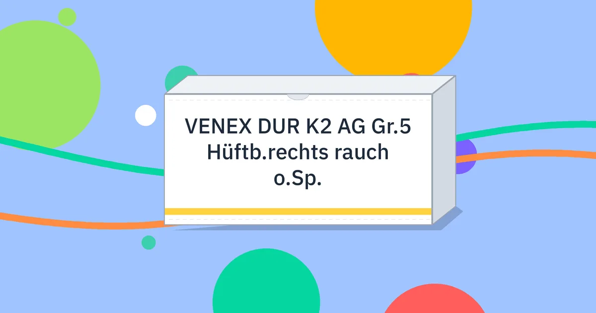 Symbolbild: Packung mit der Aufschrift VENEX DUR K2 AG Gr.5 Hüftb.rechts rauch o.Sp. (PZN 03231680) – Verfügbarkeit und Bezug in Apotheken in Frankfurt am Main