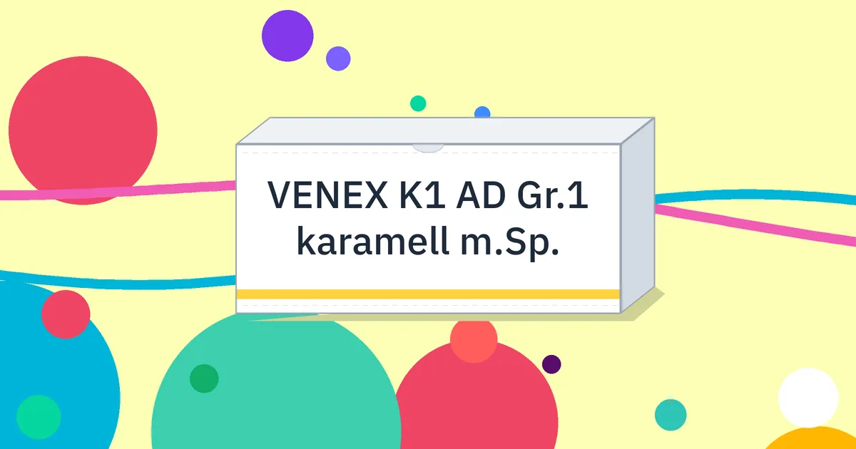 Symbolbild: Packung mit der Aufschrift VENEX K1 AD Gr.1 karamell m.Sp. (PZN 13757153) – Verfügbarkeit und Bezug in Apotheken in Frankfurt am Main