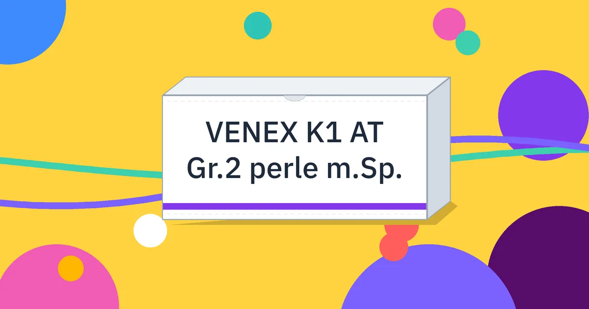 Symbolbild: Packung mit der Aufschrift VENEX K1 AT Gr.2 perle m.Sp. (PZN 03195116) – Verfügbarkeit und Bezug in Apotheken in Frankfurt am Main