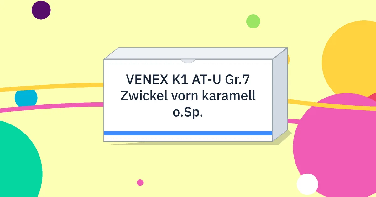 Symbolbild: Packung mit der Aufschrift VENEX K1 AT-U Gr.7 Zwickel vorn karamell o.Sp. (PZN 13759471) – Verfügbarkeit und Bezug in Apotheken in Frankfurt am Main