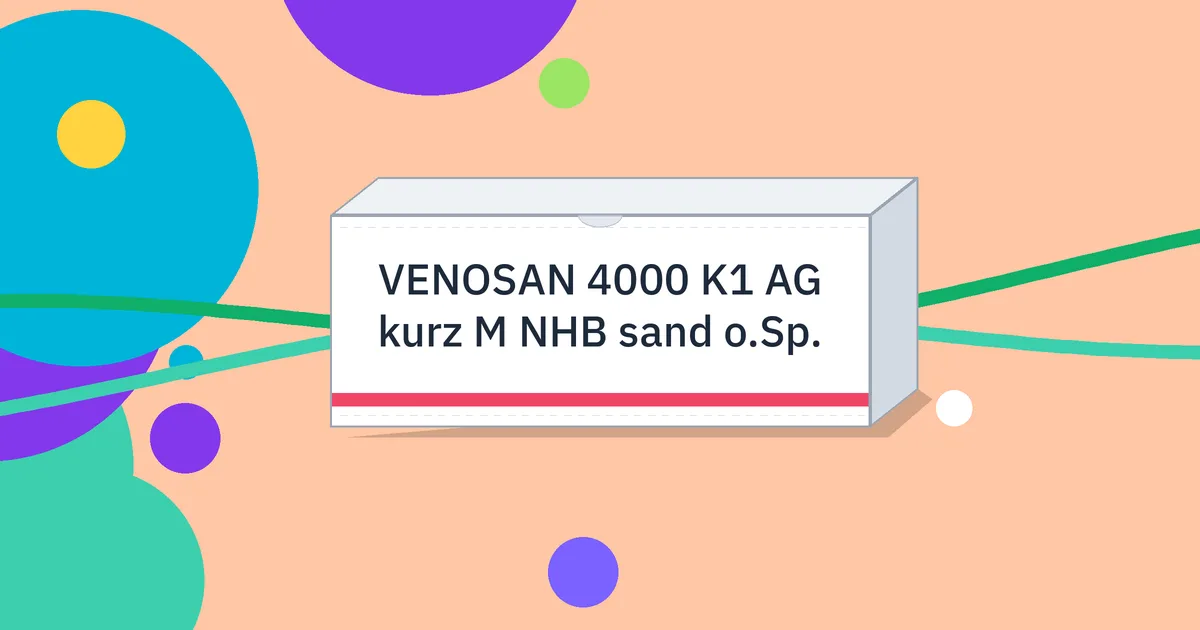 Symbolbild: Packung mit der Aufschrift VENOSAN 4000 K1 AG kurz M NHB sand o.Sp. (PZN 14422213) – Verfügbarkeit und Bezug in Apotheken in Frankfurt am Main