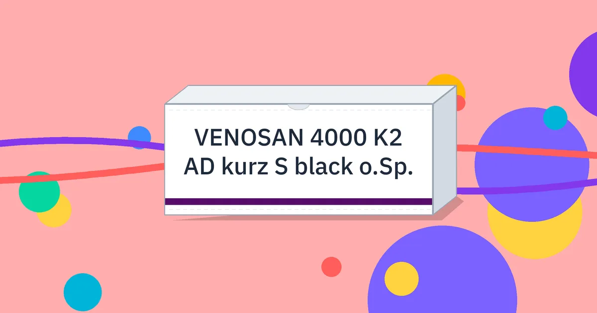 Symbolbild: Packung mit der Aufschrift VENOSAN 4000 K2 AD kurz S black o.Sp. (PZN 14427216) – Verfügbarkeit und Bezug in Apotheken in Frankfurt am Main