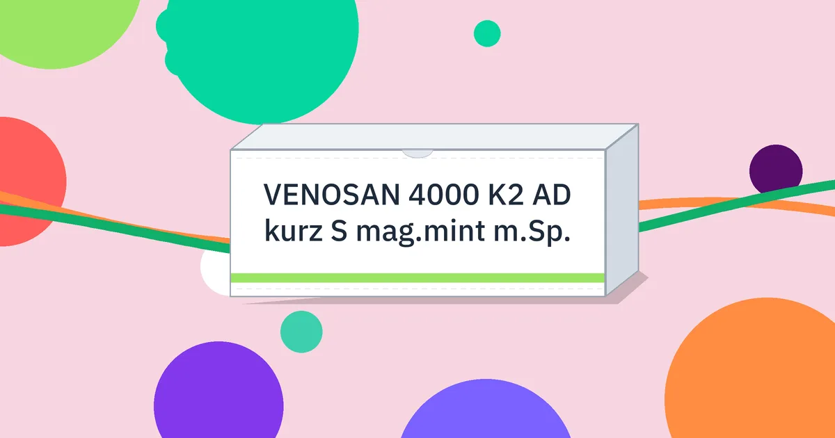 Symbolbild: Packung mit der Aufschrift VENOSAN 4000 K2 AD kurz S mag.mint m.Sp. (PZN 19153999) – Verfügbarkeit und Bezug in Apotheken in Frankfurt am Main