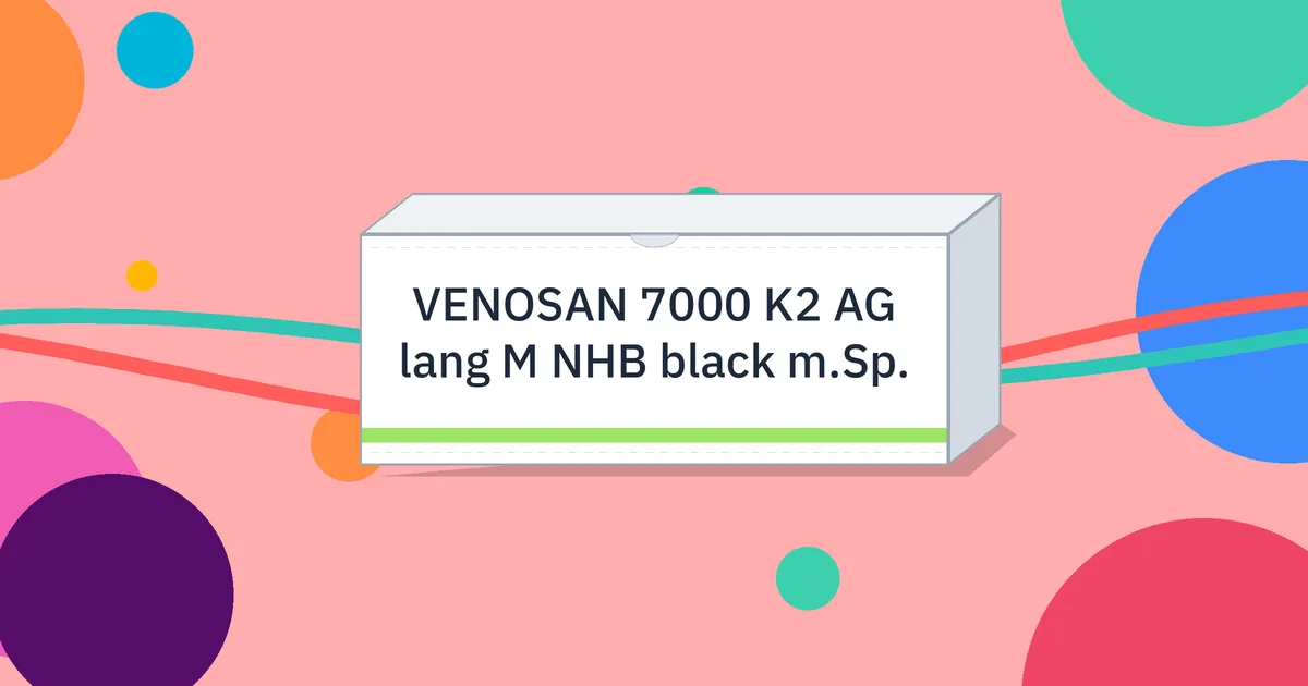 Symbolbild: Packung mit der Aufschrift VENOSAN 7000 K2 AG lang M NHB black m.Sp. (PZN 14435948) – Verfügbarkeit und Bezug in Apotheken in Frankfurt am Main