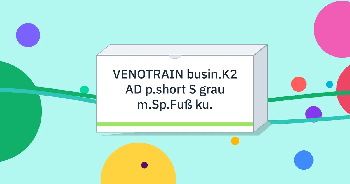 Symbolbild: Packung mit der Aufschrift VENOTRAIN busin.K2 AD p.short S grau m.Sp.Fuß ku. (PZN 19057623) – Verfügbarkeit und Bezug in Apotheken in Frankfurt am Main