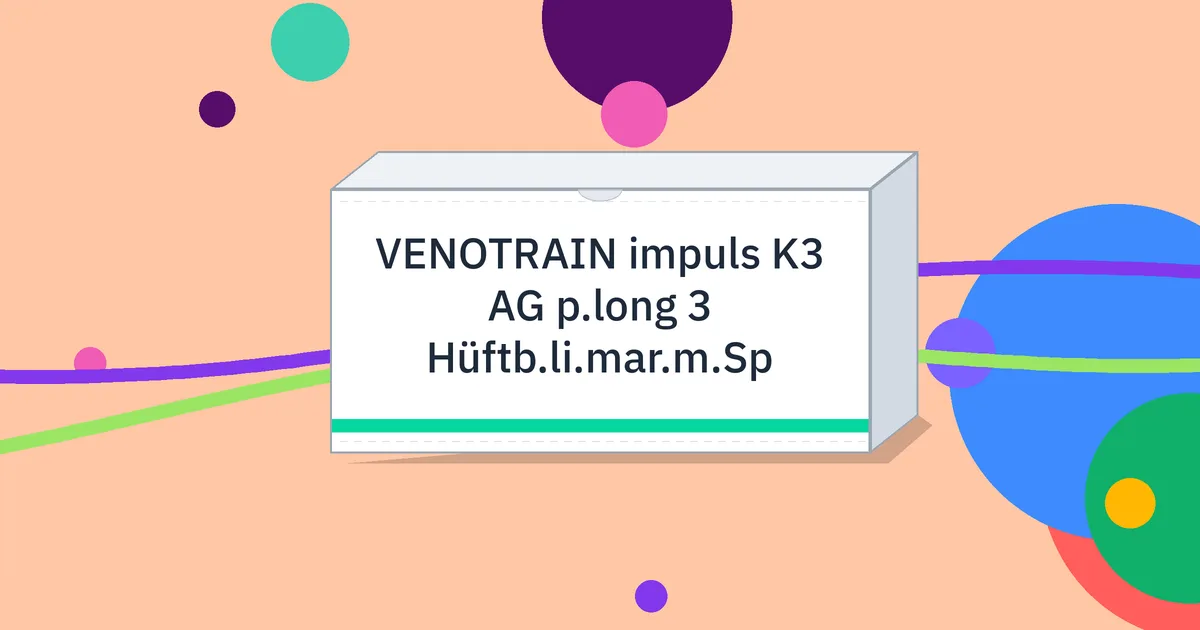 Symbolbild: Packung mit der Aufschrift VENOTRAIN impuls K3 AG p.long 3 Hüftb.li.mar.m.Sp (PZN 15220138) – Verfügbarkeit und Bezug in Apotheken in Frankfurt am Main