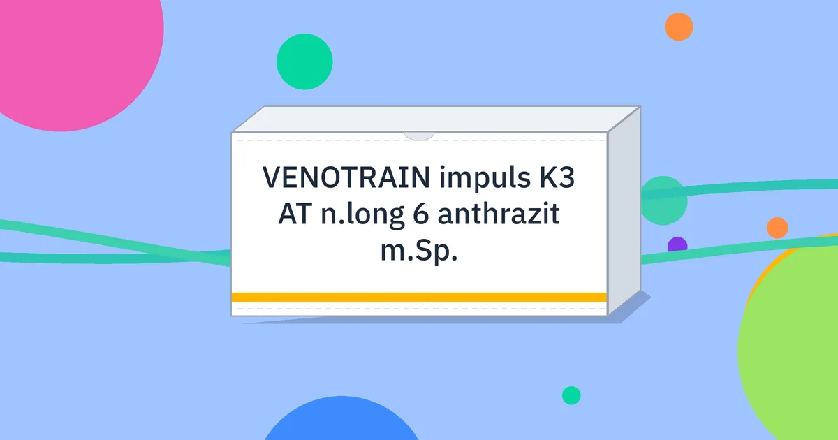 Symbolbild: Packung mit der Aufschrift VENOTRAIN impuls K3 AT n.long 6 anthrazit m.Sp. (PZN 19356811) – Verfügbarkeit und Bezug in Apotheken in Frankfurt am Main