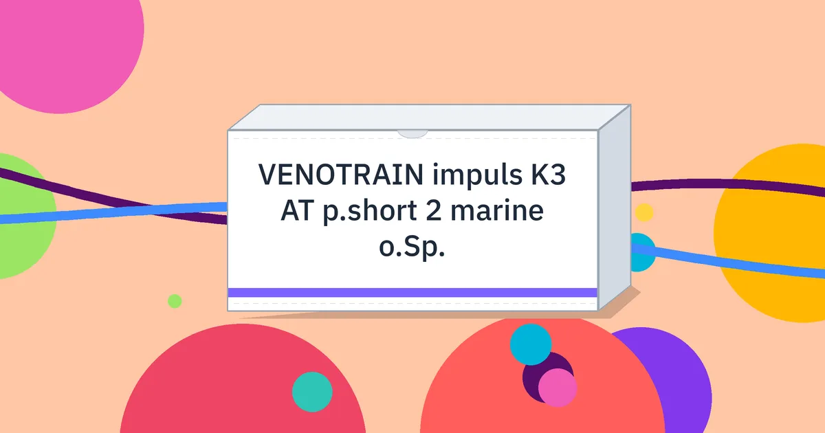 Symbolbild: Packung mit der Aufschrift VENOTRAIN impuls K3 AT p.short 2 marine o.Sp. (PZN 19355941) – Verfügbarkeit und Bezug in Apotheken in Frankfurt am Main