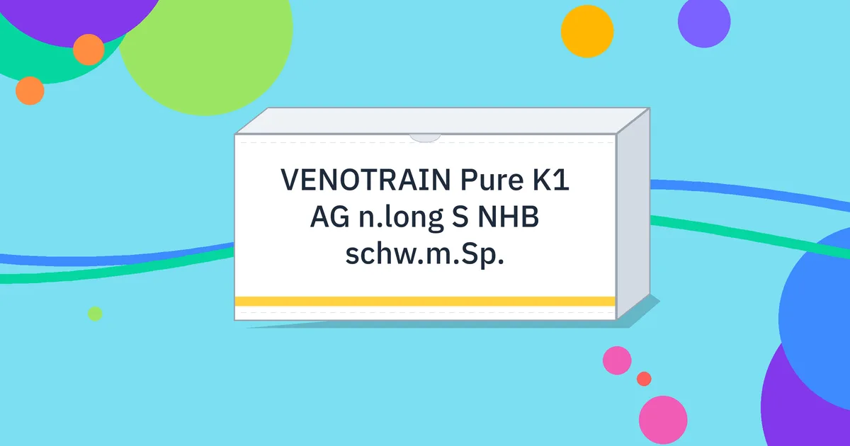 Symbolbild: Packung mit der Aufschrift VENOTRAIN Pure K1 AG n.long S NHB schw.m.Sp. (PZN 18147519) – Verfügbarkeit und Bezug in Apotheken in Frankfurt am Main