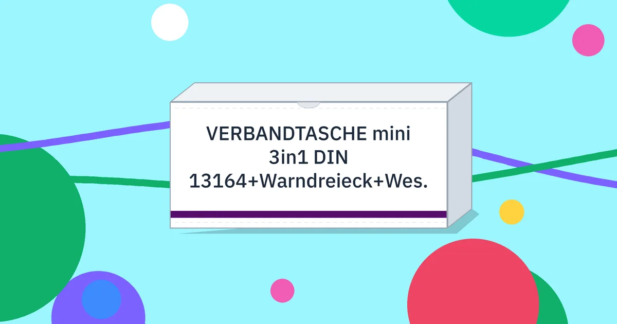 Symbolbild: Packung mit der Aufschrift VERBANDTASCHE mini 3in1 DIN 13164+Warndreieck+Wes. (PZN 07589711) – Verfügbarkeit und Bezug in Apotheken in Frankfurt am Main