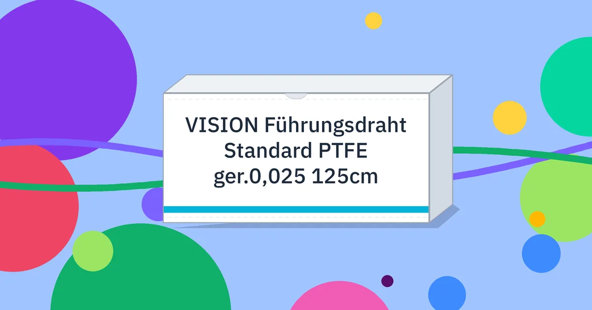 Symbolbild: Packung mit der Aufschrift VISION Führungsdraht Standard PTFE ger.0,025 125cm (PZN 18103781) – Verfügbarkeit und Bezug in Apotheken in Frankfurt am Main