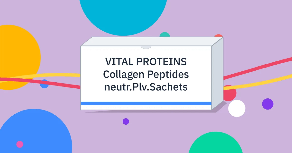 Symbolbild: Packung mit der Aufschrift VITAL PROTEINS Collagen Peptides neutr.Plv.Sachets (PZN 17888107) – Verfügbarkeit und Bezug in Apotheken in Frankfurt am Main