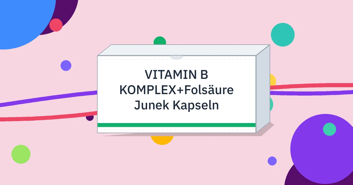 Symbolbild: Packung mit der Aufschrift VITAMIN B KOMPLEX+Folsäure Junek Kapseln (PZN 04132187) – Verfügbarkeit und Bezug in Apotheken in Frankfurt am Main