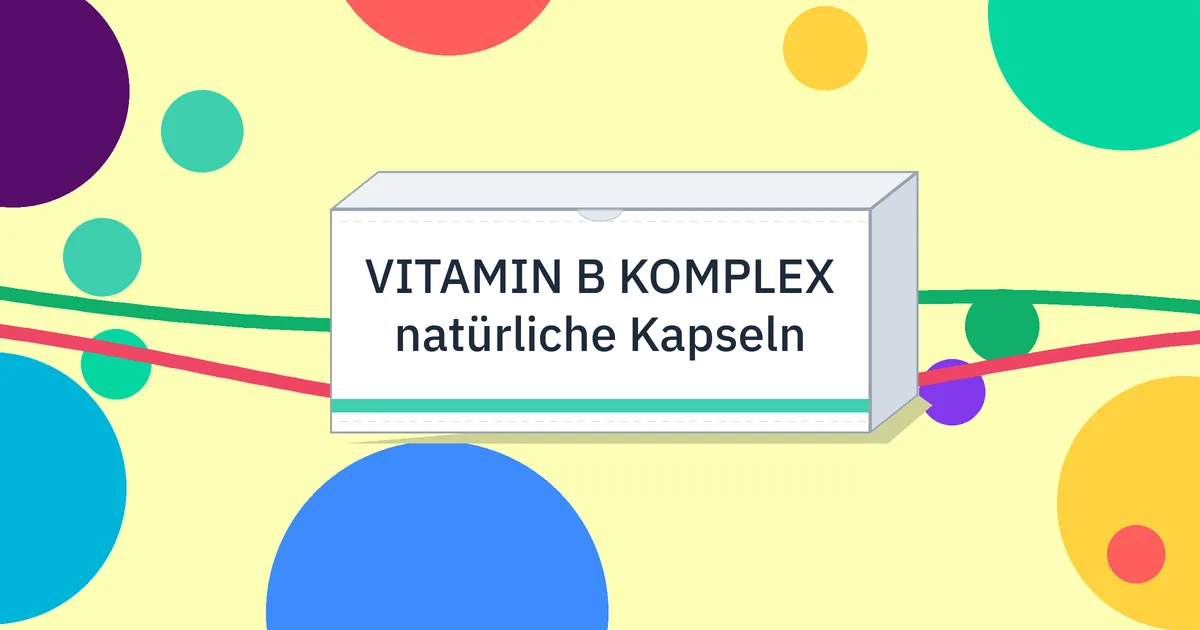 Symbolbild: Packung mit der Aufschrift VITAMIN B KOMPLEX natürliche Kapseln (PZN 09649452) – Verfügbarkeit und Bezug in Apotheken in Frankfurt am Main