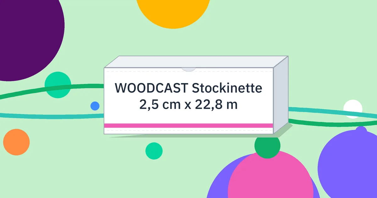Symbolbild: Packung mit der Aufschrift WOODCAST Stockinette 2,5 cm x 22,8 m (PZN 12420291) – Verfügbarkeit und Bezug in Apotheken in Frankfurt am Main