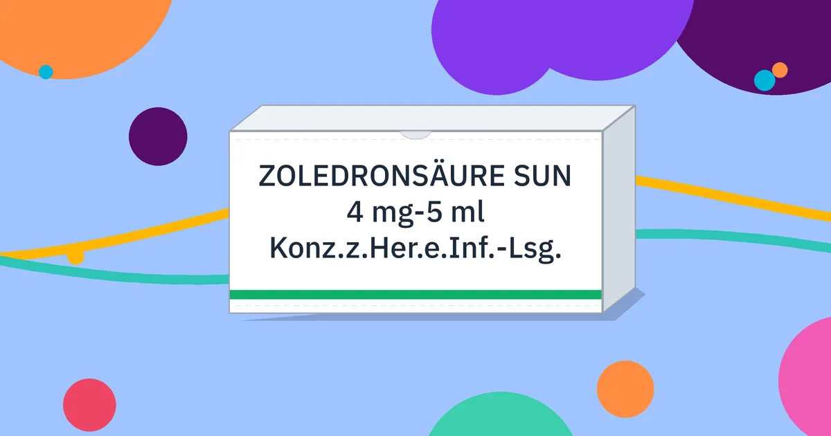 Symbolbild: Packung mit der Aufschrift ZOLEDRONSÄURE SUN 4 mg-5 ml Konz.z.Her.e.Inf.-Lsg. (PZN 04708629) – Verfügbarkeit und Bezug in Apotheken in Frankfurt am Main