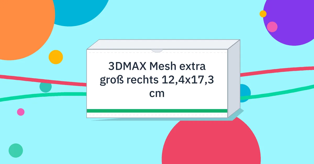 Symbolbild: Packung mit der Aufschrift 3DMAX Mesh extra groß rechts 12,4x17,3 cm (PZN 03750345) – Verfügbarkeit und Bezug in Apotheken in Frankfurt am Main