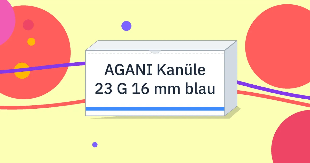 Symbolbild: Packung mit der Aufschrift AGANI Kanüle 23 G 16 mm blau (PZN 01802150) – Verfügbarkeit und Bezug in Apotheken in Frankfurt am Main