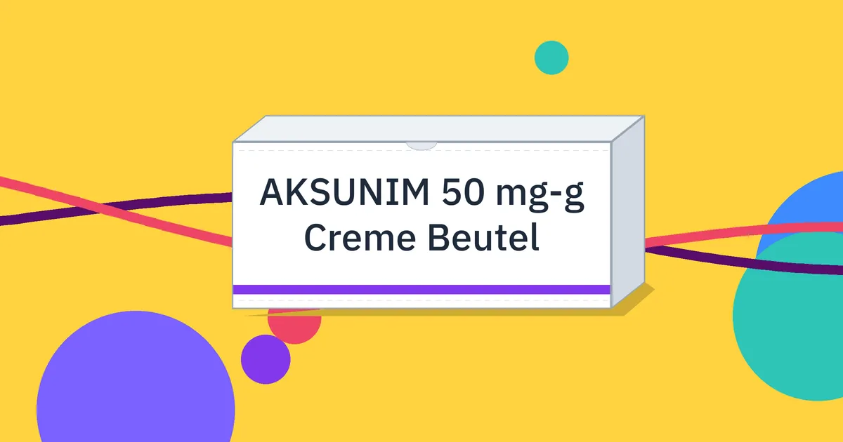 Symbolbild: Packung mit der Aufschrift AKSUNIM 50 mg-g Creme Beutel (PZN 14235853) – Verfügbarkeit und Bezug in Apotheken in Frankfurt am Main