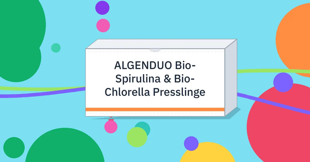 Symbolbild: Packung mit der Aufschrift ALGENDUO Bio-Spirulina & Bio-Chlorella Presslinge (PZN 19199582) – Verfügbarkeit und Bezug in Apotheken in Frankfurt am Main