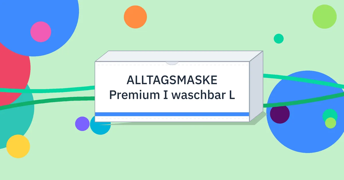 Symbolbild: Packung mit der Aufschrift ALLTAGSMASKE Premium I waschbar L (PZN 18260641) – Verfügbarkeit und Bezug in Apotheken in Frankfurt am Main