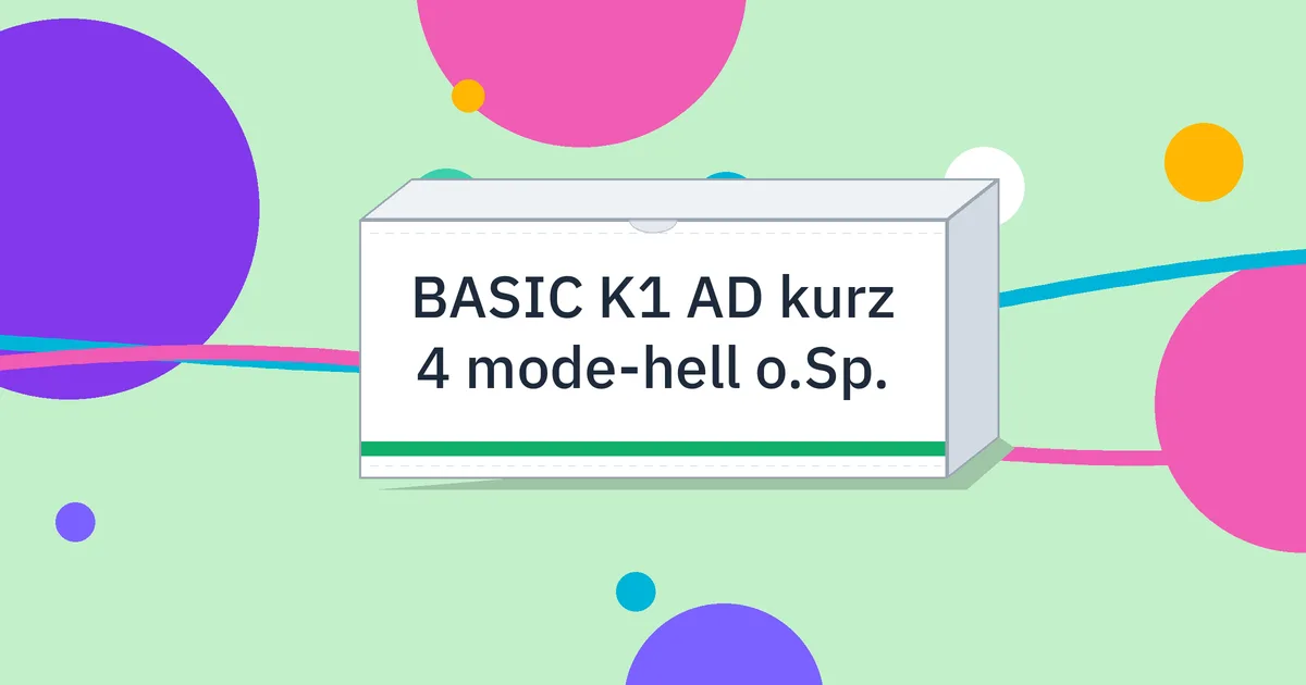 Symbolbild: Packung mit der Aufschrift BASIC K1 AD kurz 4 mode-hell o.Sp. (PZN 20258338) – Verfügbarkeit und Bezug in Apotheken in Frankfurt am Main
