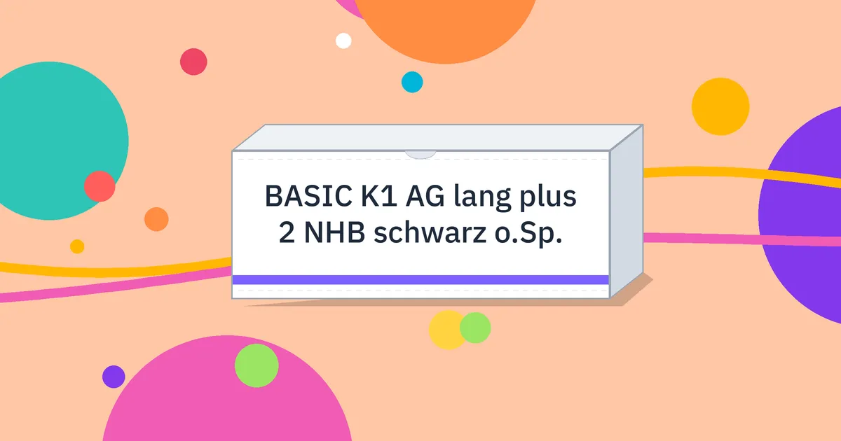Symbolbild: Packung mit der Aufschrift BASIC K1 AG lang plus 2 NHB schwarz o.Sp. (PZN 20259964) – Verfügbarkeit und Bezug in Apotheken in Frankfurt am Main