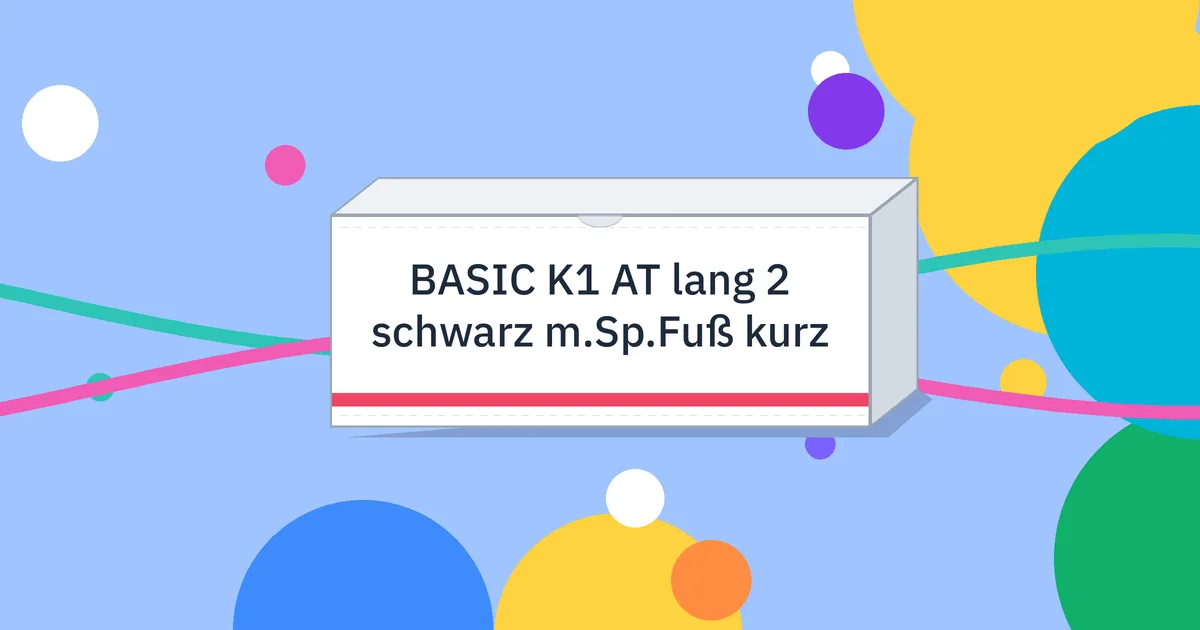 Symbolbild: Packung mit der Aufschrift BASIC K1 AT lang 2 schwarz m.Sp.Fuß kurz (PZN 20262305) – Verfügbarkeit und Bezug in Apotheken in Frankfurt am Main