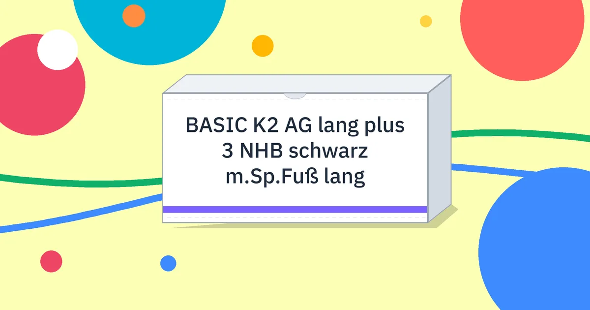 Symbolbild: Packung mit der Aufschrift BASIC K2 AG lang plus 3 NHB schwarz m.Sp.Fuß lang (PZN 20267030) – Verfügbarkeit und Bezug in Apotheken in Frankfurt am Main