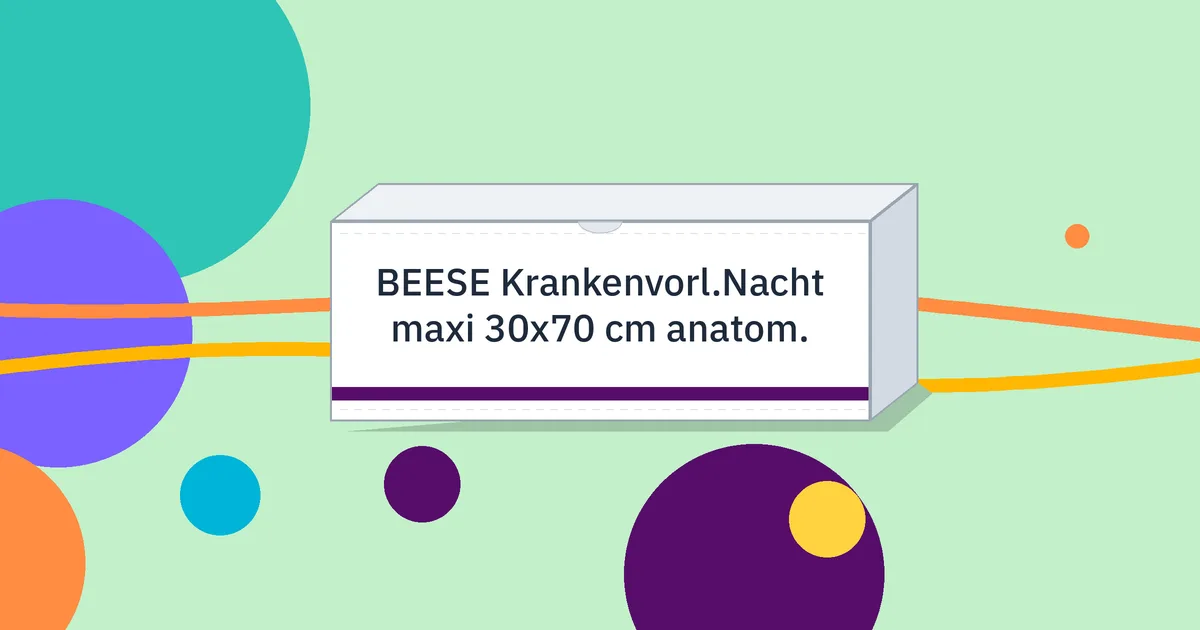 Symbolbild: Packung mit der Aufschrift BEESE Krankenvorl.Nacht maxi 30x70 cm anatom. (PZN 02214277) – Verfügbarkeit und Bezug in Apotheken in Frankfurt am Main