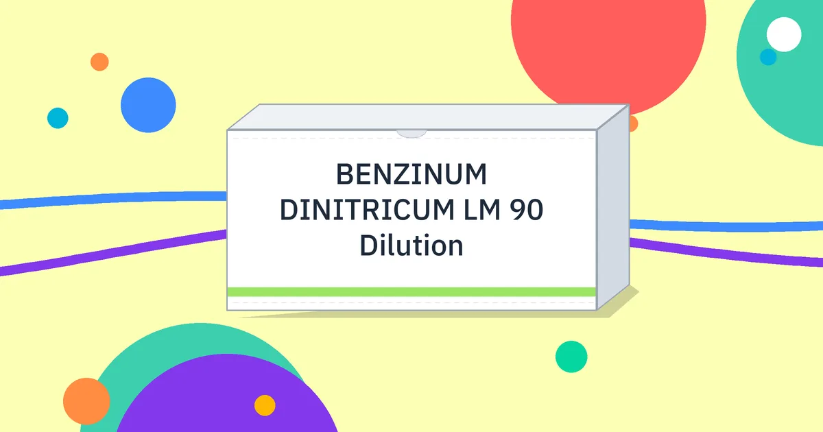 Symbolbild: Packung mit der Aufschrift BENZINUM DINITRICUM LM 90 Dilution (PZN 13382753) – Verfügbarkeit und Bezug in Apotheken in Frankfurt am Main