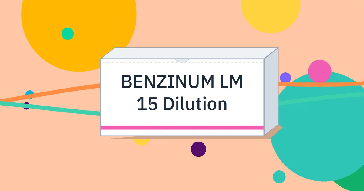 Symbolbild: Packung mit der Aufschrift BENZINUM LM 15 Dilution (PZN 12792058) – Verfügbarkeit und Bezug in Apotheken in Frankfurt am Main